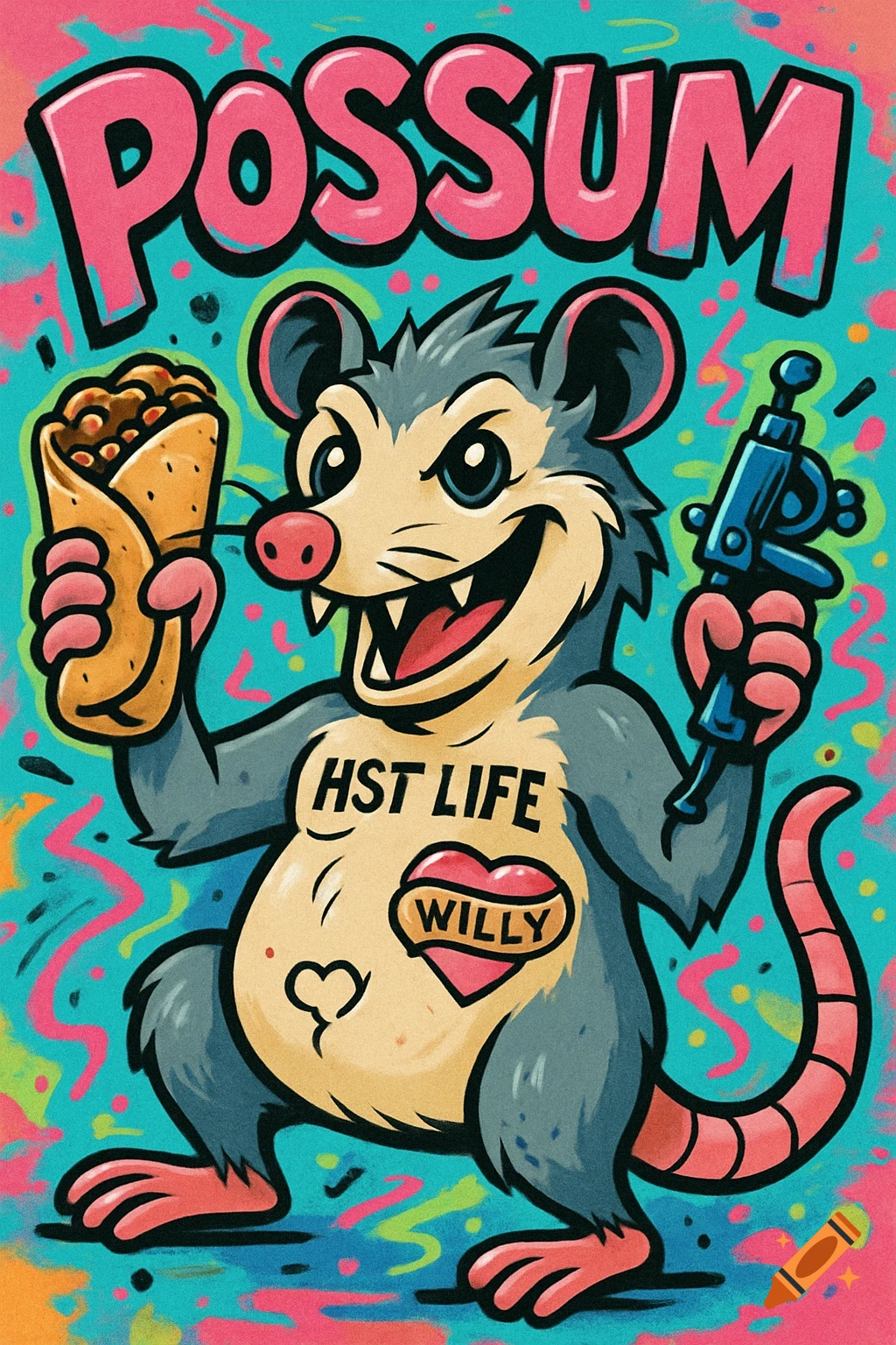 A vibrant cartoon opossum holds a burrito and a tattoo gun, with 'HST ...