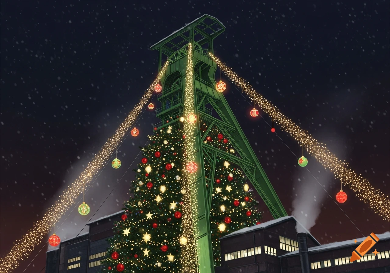 Green mining tower decorated like a Christmas tree with festive lights ...