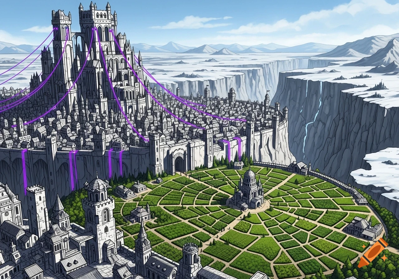A sprawling fantasy city with a towering castle, connected by purple ...