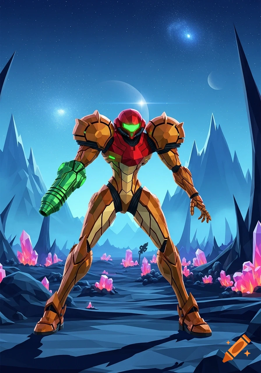 Low poly art of Samus Aran in her power suit standing on an alien ...