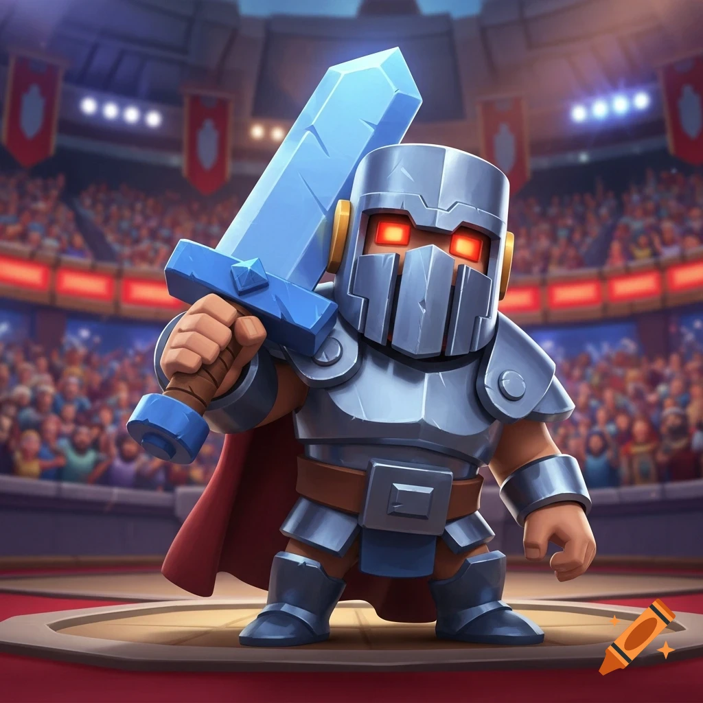 A stylized cartoon knight character with a blue sword and glowing red ...