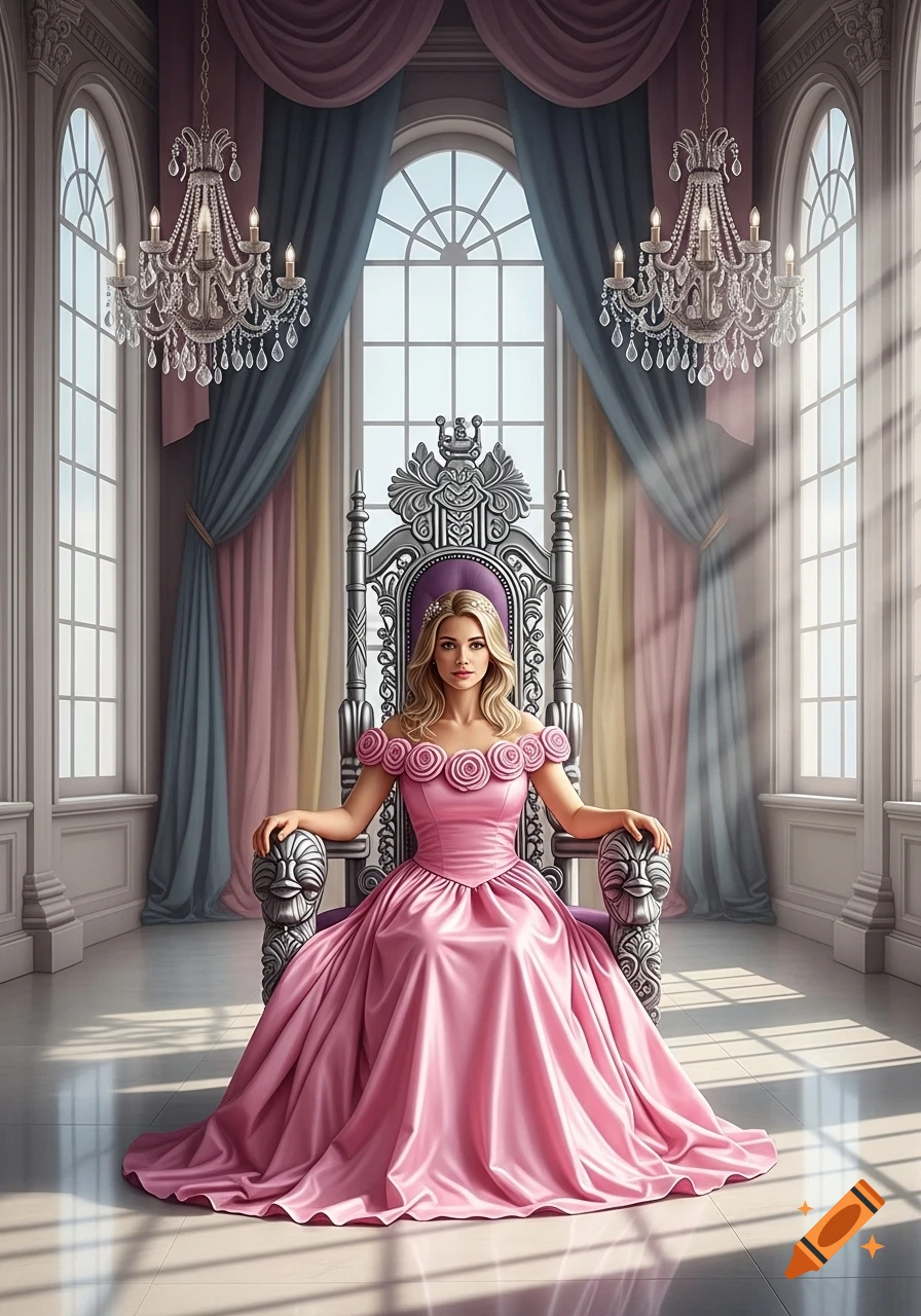 A beautiful princess in a voluminous pink gown sits on an ornate silver ...
