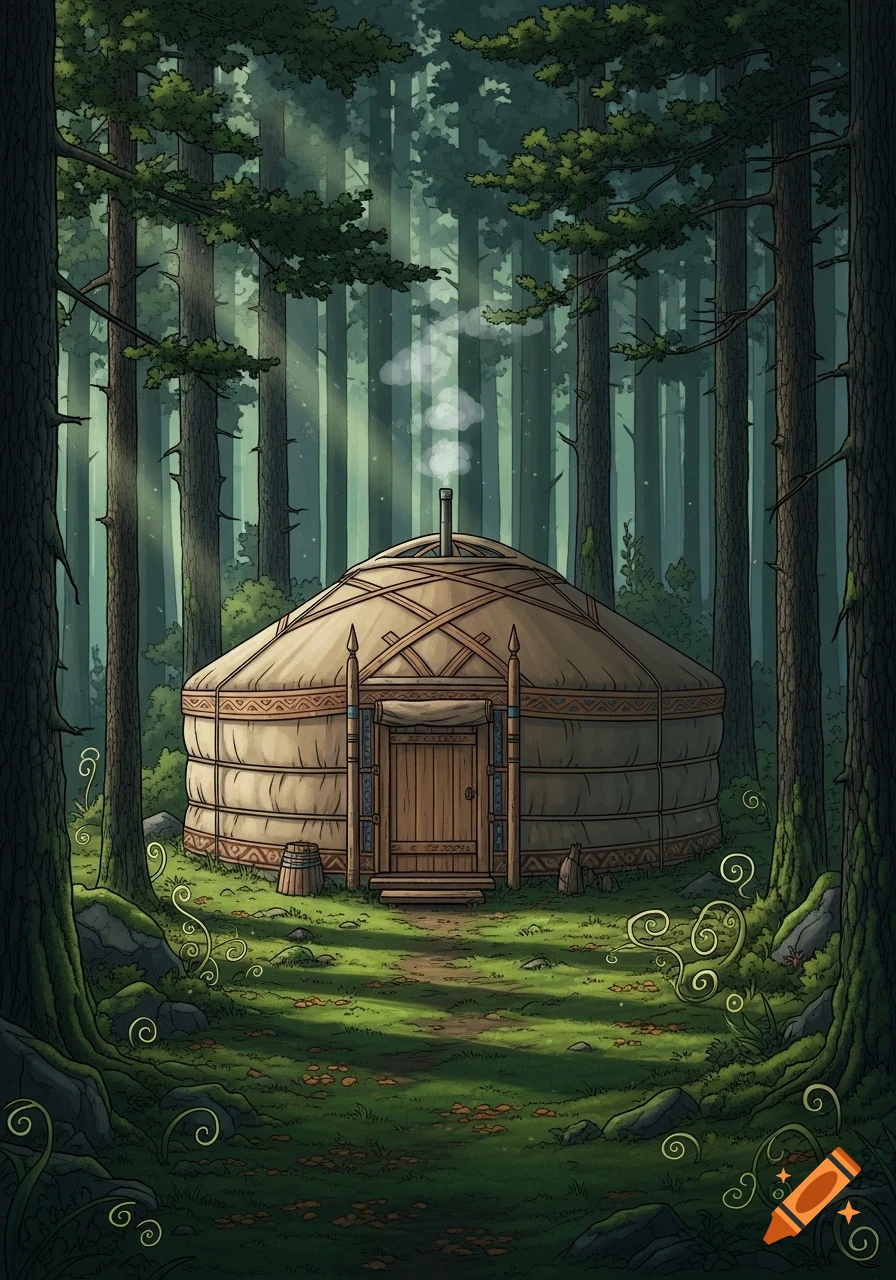 A charming illustration of a yurt nestled in a lush, green forest with ...