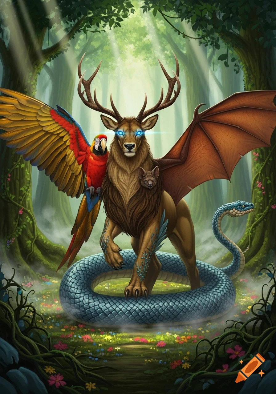 A majestic fantasy creature with deer antlers, glowing eyes, a lion ...