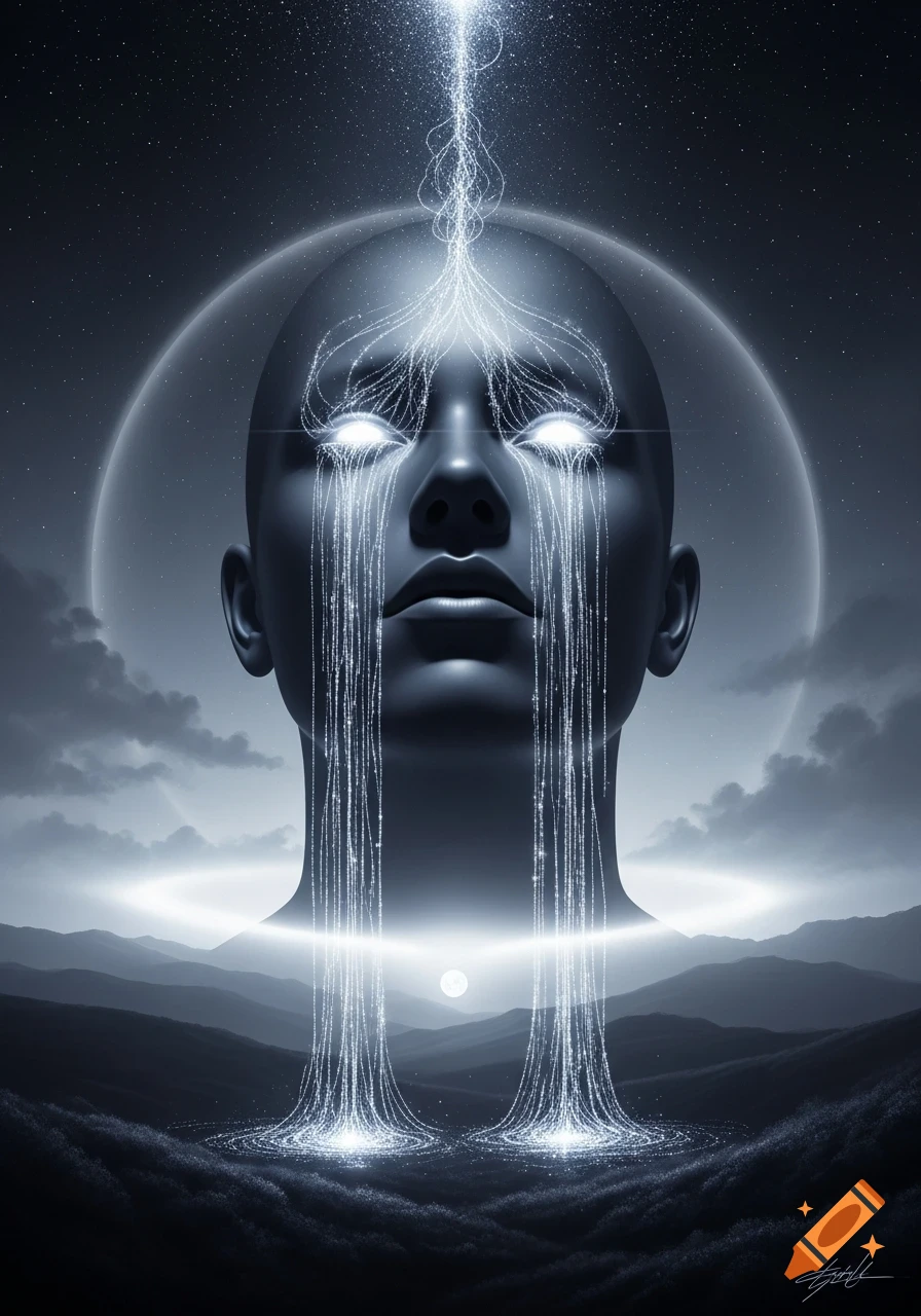 A stylized bald head with glowing eyes cries streams of glittery light ...