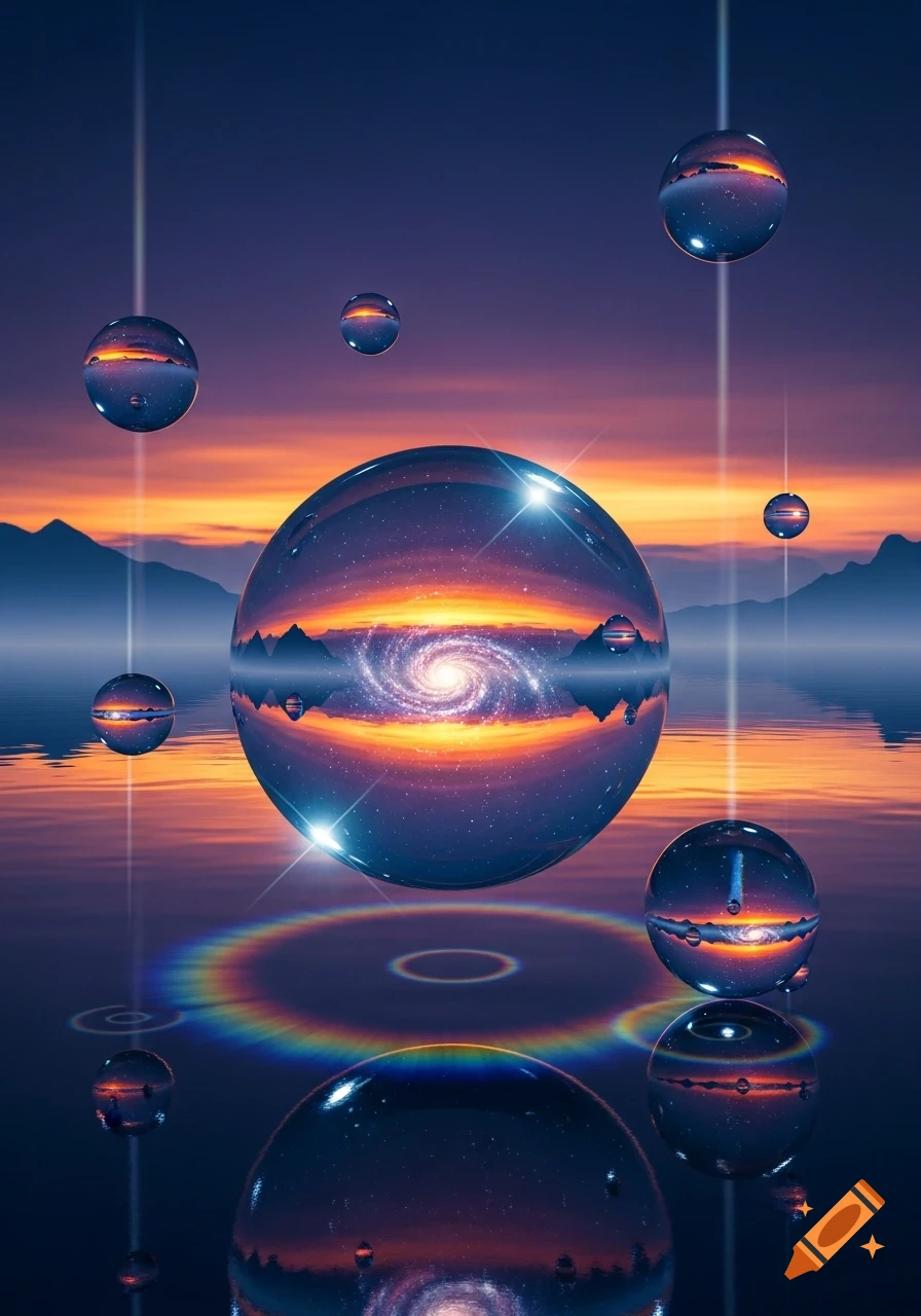 Transparent, reflective spheres float above calm water during sunset ...