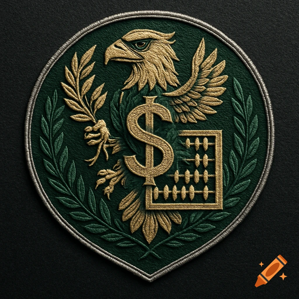 Embroidered green and gold patch featuring an eagle, a dollar sign, an ...