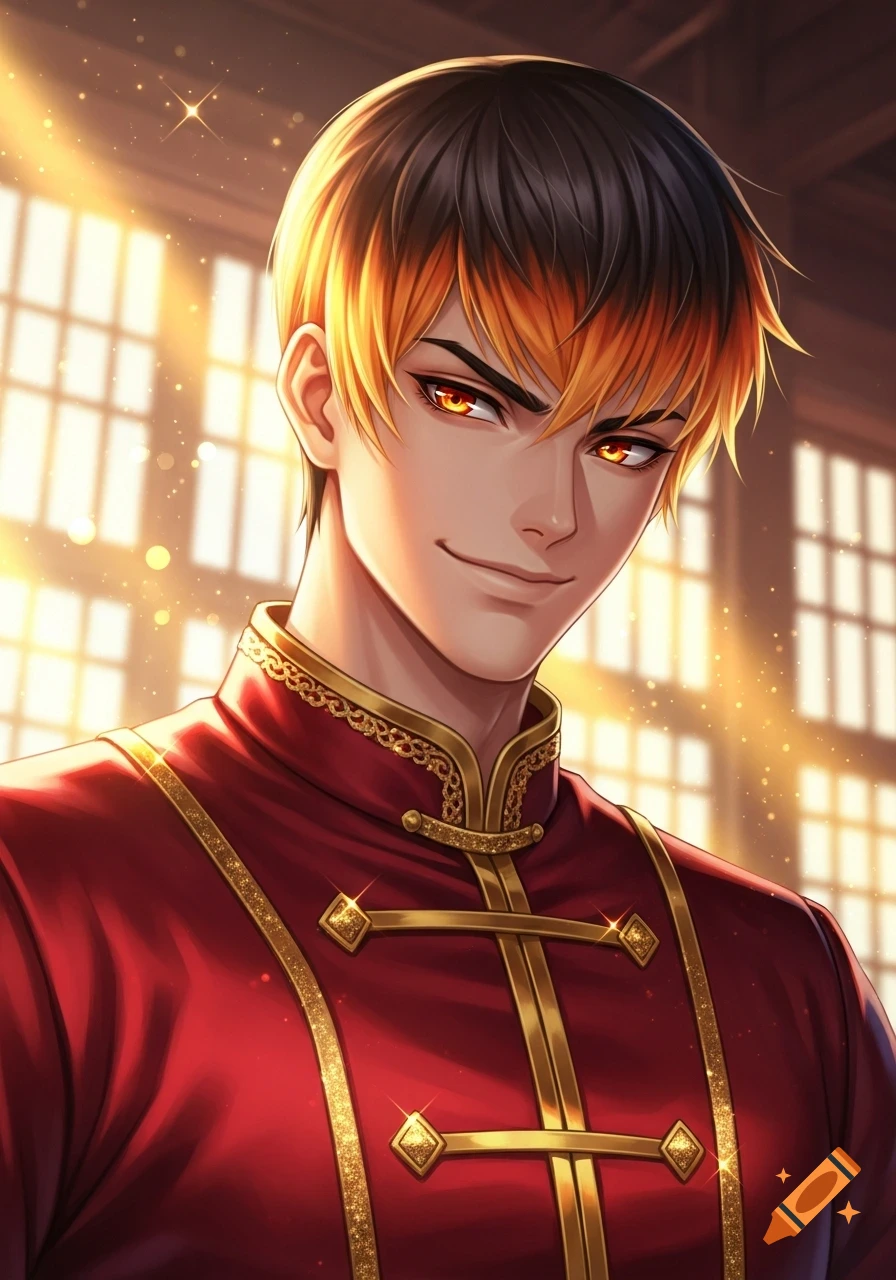 Fantasy anime portrait of a smirking man in red and gold clothes with ...