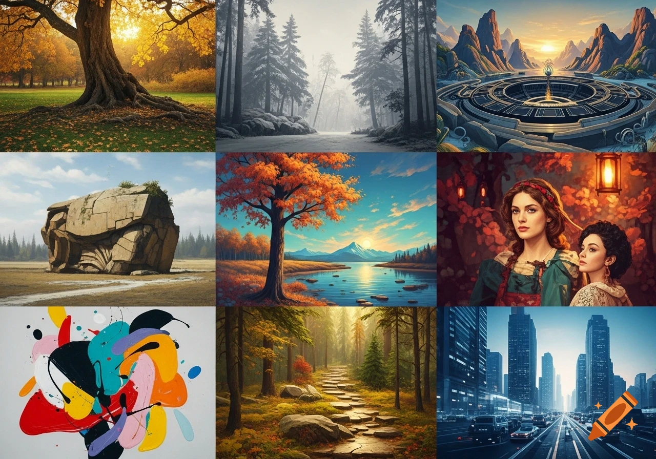 A 3x3 grid of diverse AI-generated images, featuring autumn landscapes ...
