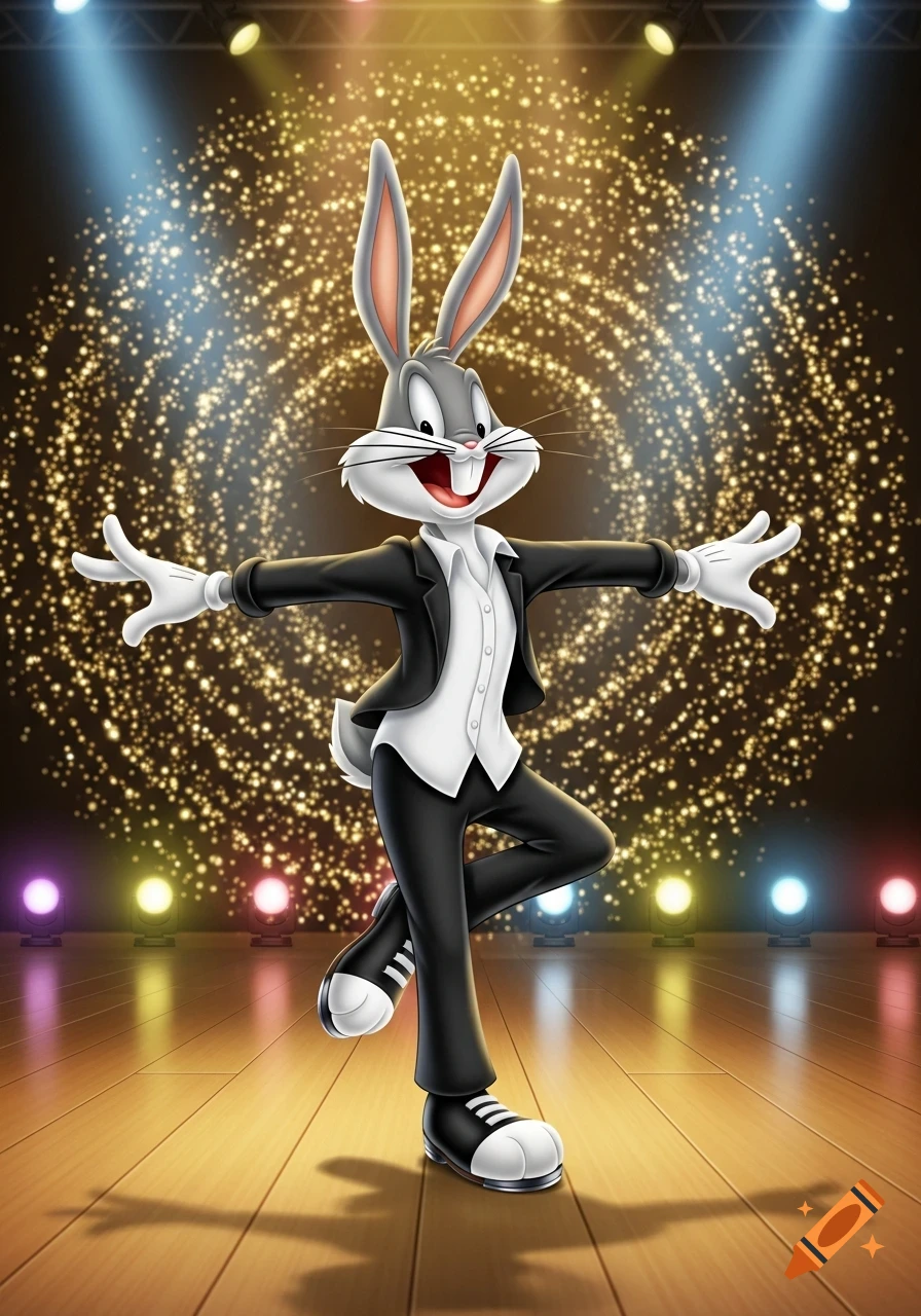 Bugs Bunny in a black tuxedo and white gloves tap dancing on a wooden ...