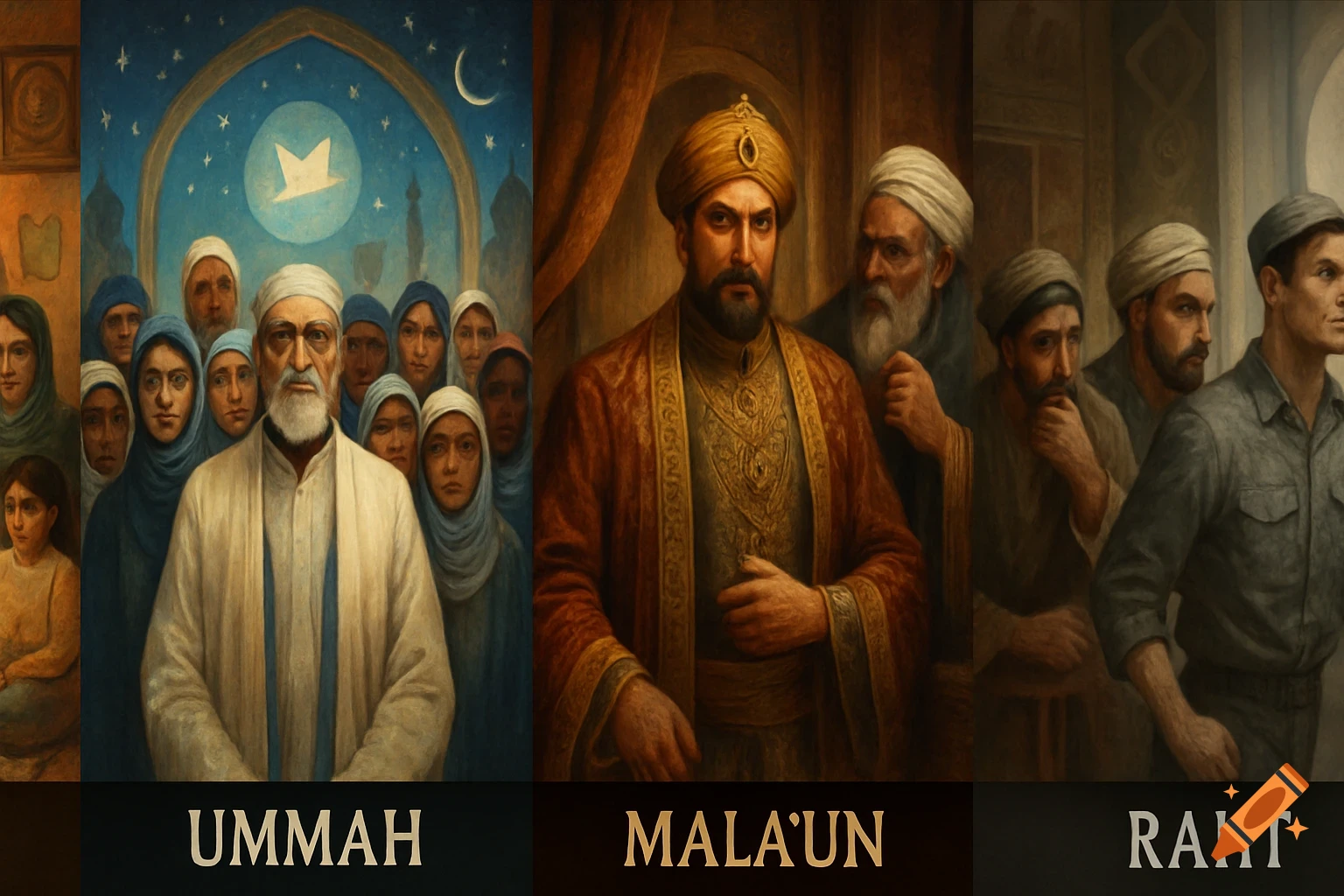 A triptych painting depicting groups of people in historical attire ...
