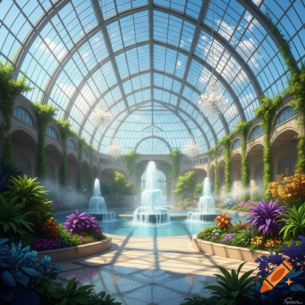A grand glass fantasy atrium filled with lush plants and multiple ...
