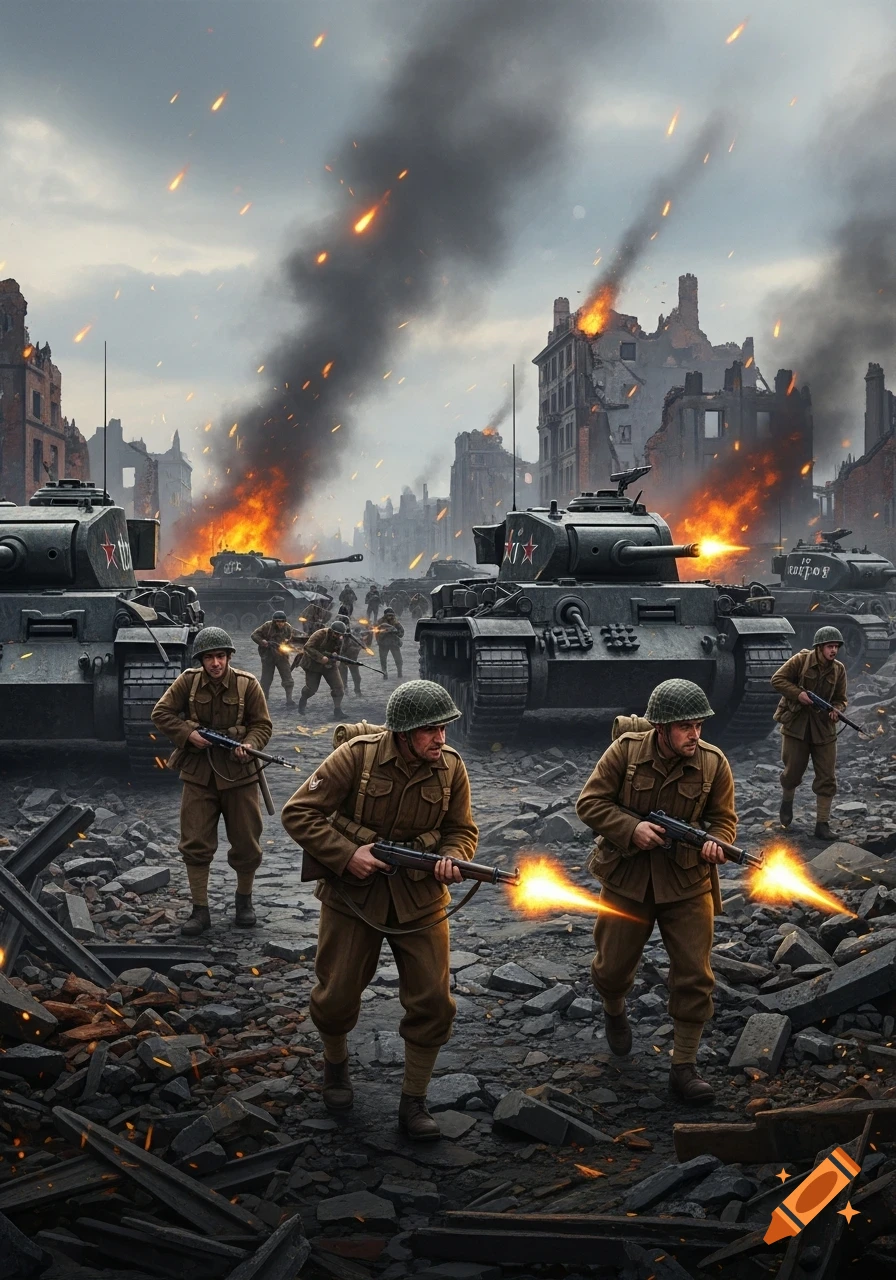 A photorealistic depiction of a World War 2 battle scene with British ...