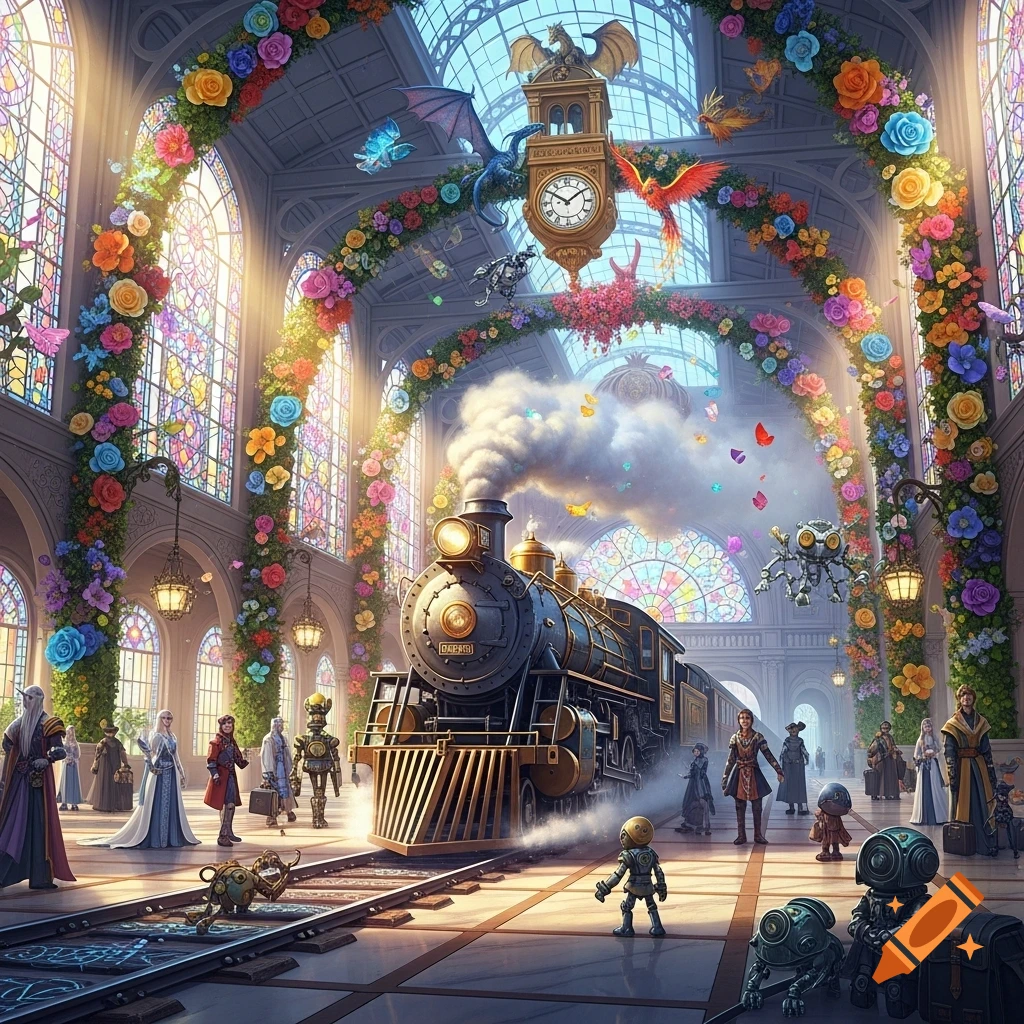 A vibrant steampunk train station with a train, diverse travelers ...