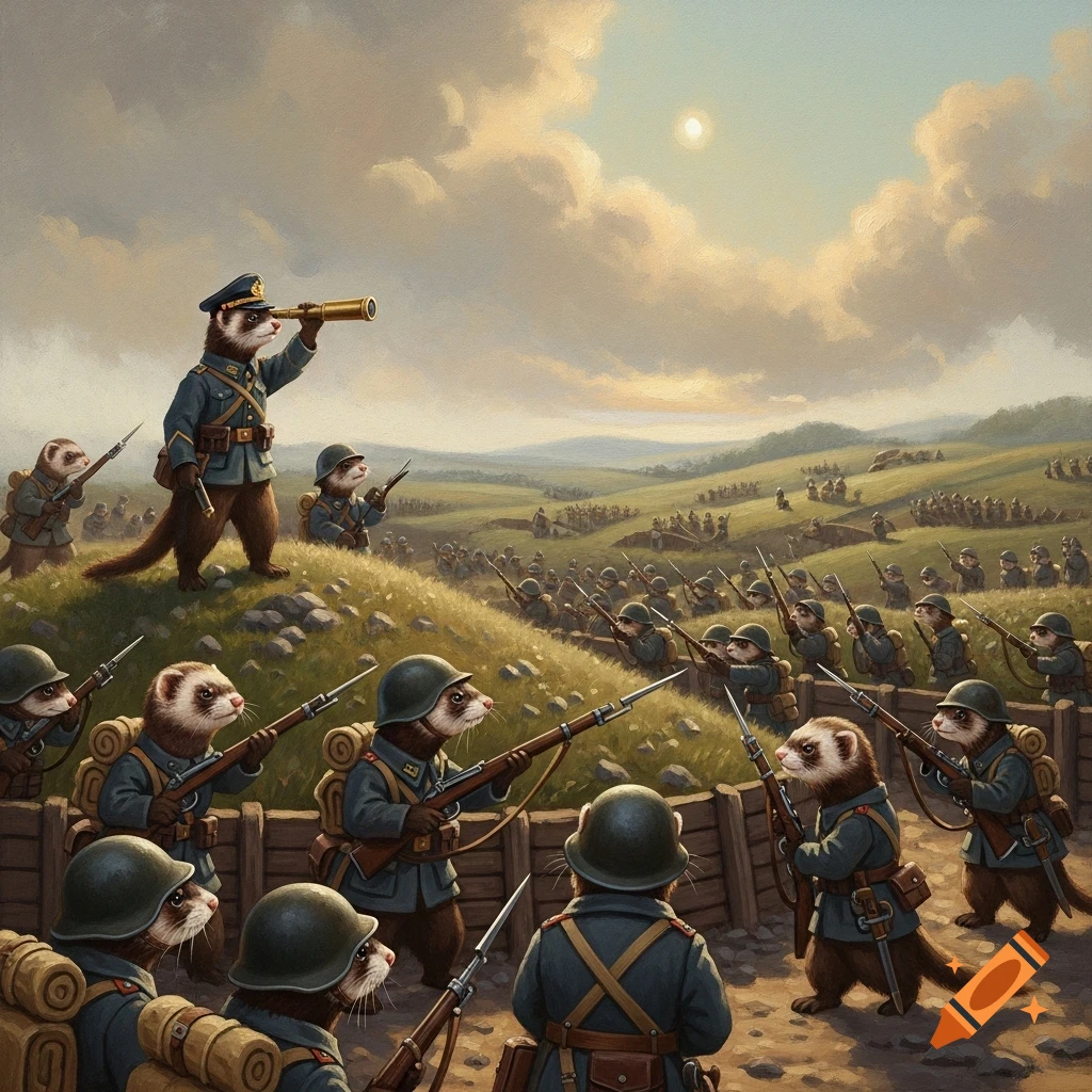 An old-style painting depicts ferrets in WWI military uniforms in a ...