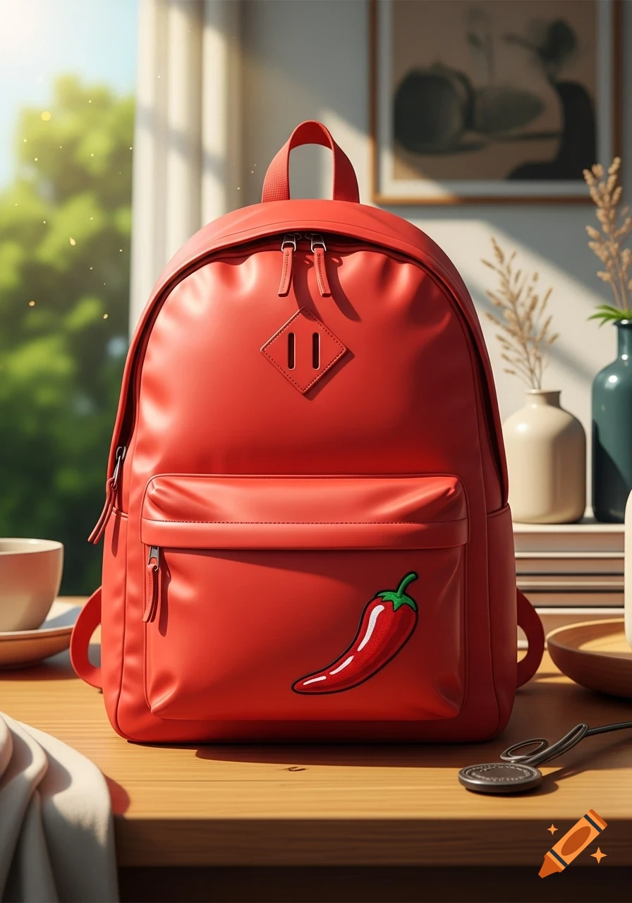 A vibrant chili red backpack with a chili pepper patch on its front ...
