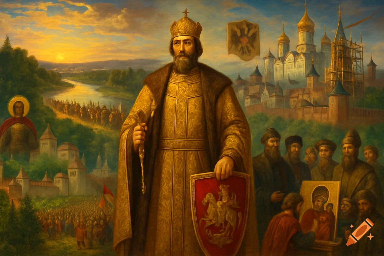 A regal, bearded king in golden robes and a crown stands holding a ...