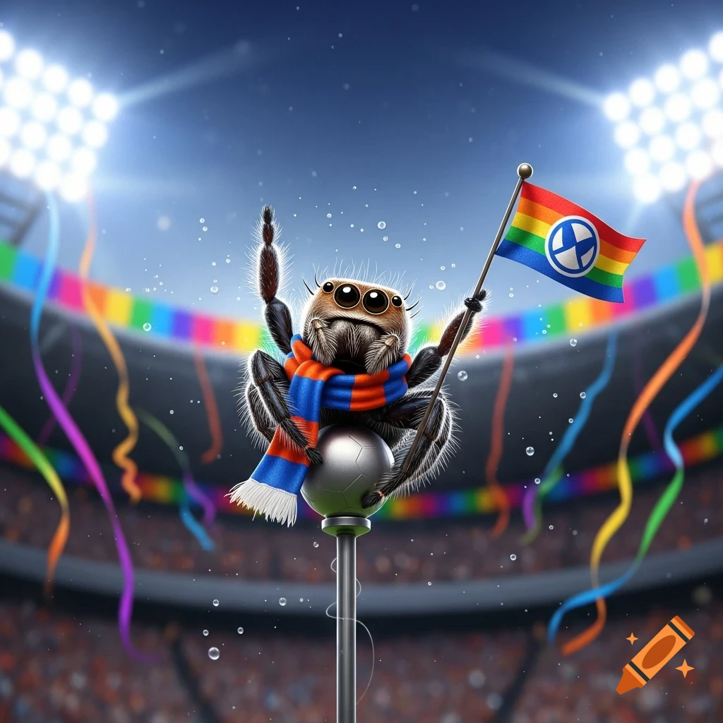 A fuzzy jumping spider in a striped scarf sits atop a pole in a stadium ...