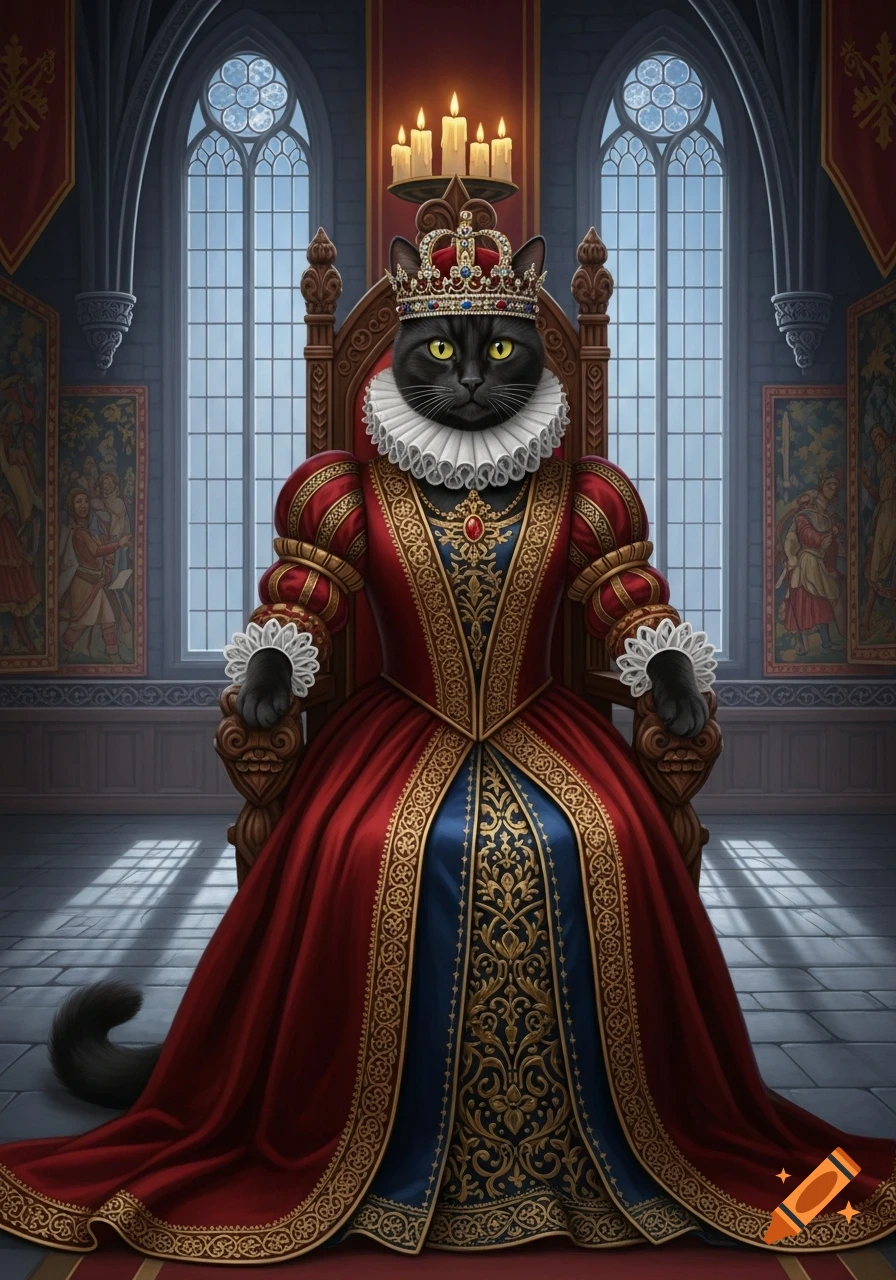 A majestic black cat queen in a red and blue regal gown with a crown ...