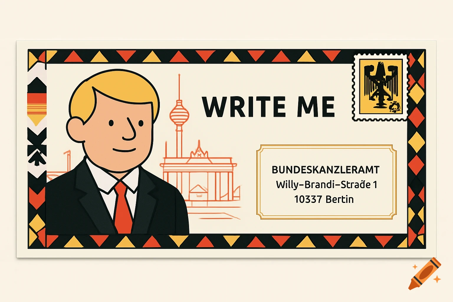 A vector illustration of a postal envelope with a cartoon man, 'WRITE ...
