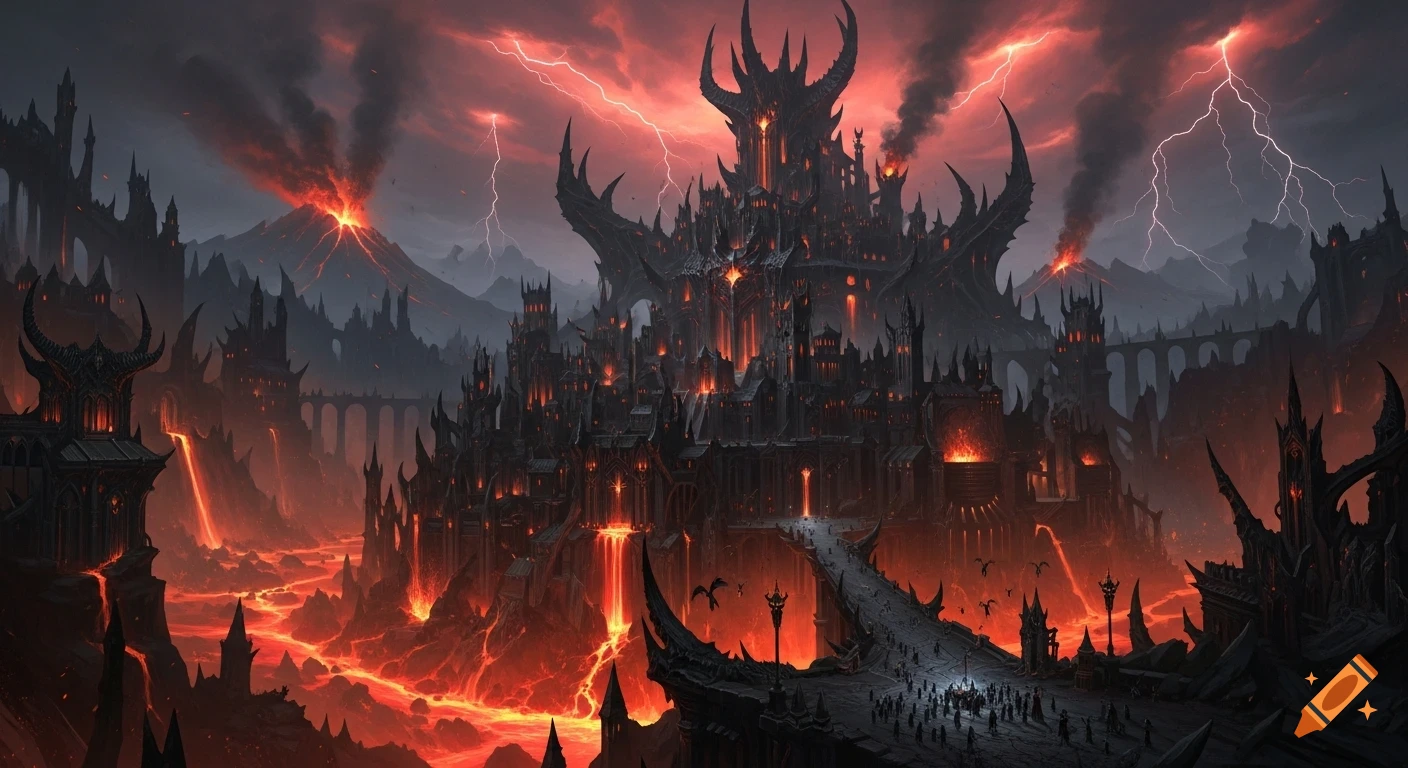 A vast, dark fantasy cityscape, Pandaemonium, with demonic architecture ...