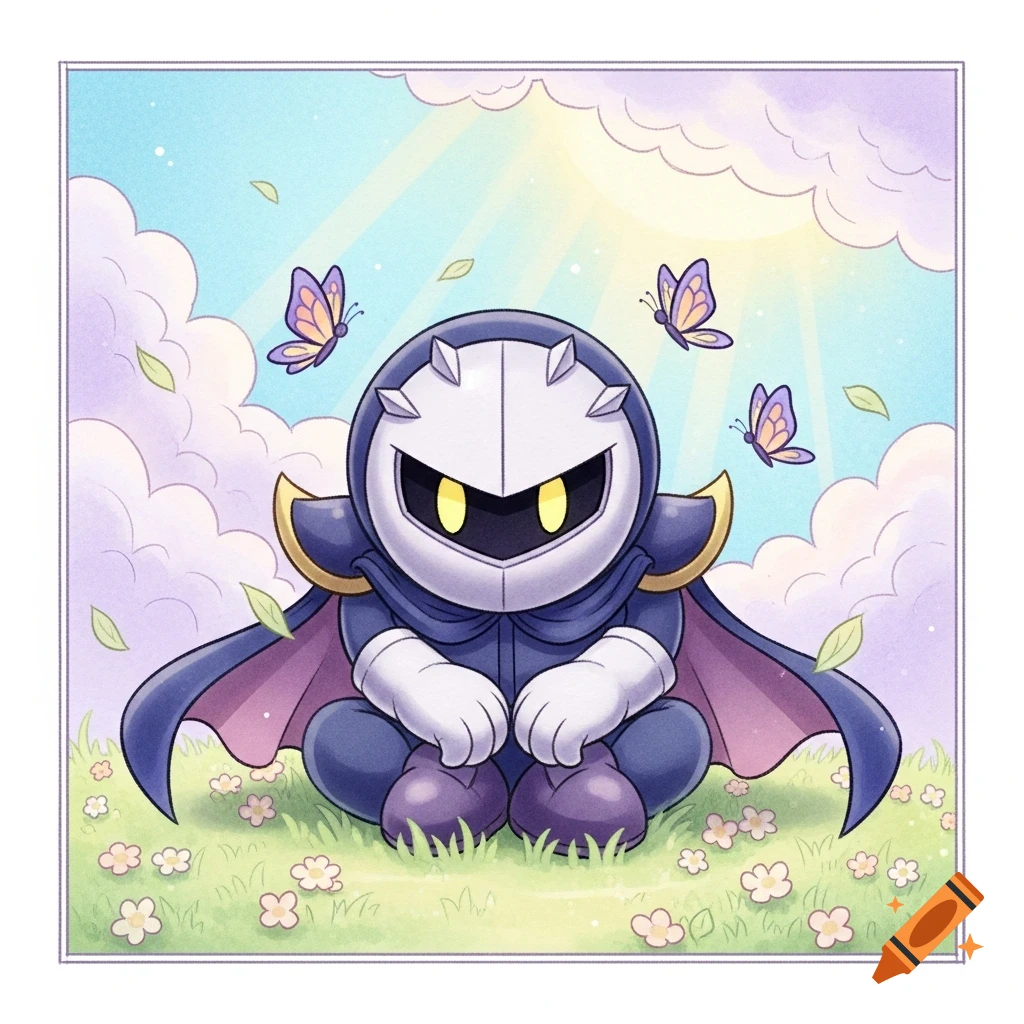 Cute Meta Knight in his cape and mask, sitting in a field of small ...