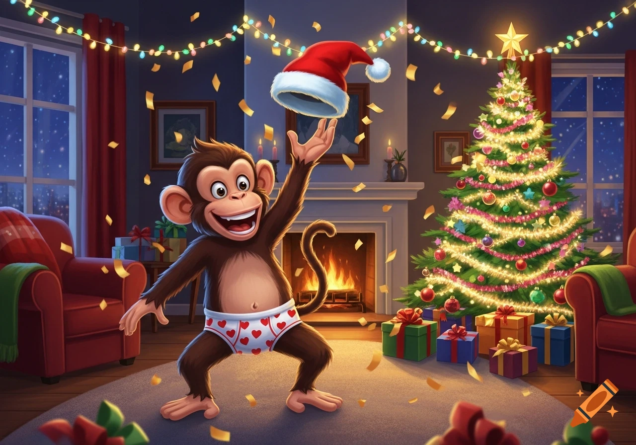 A cartoon monkey in heart underwear celebrates Christmas in a festive ...