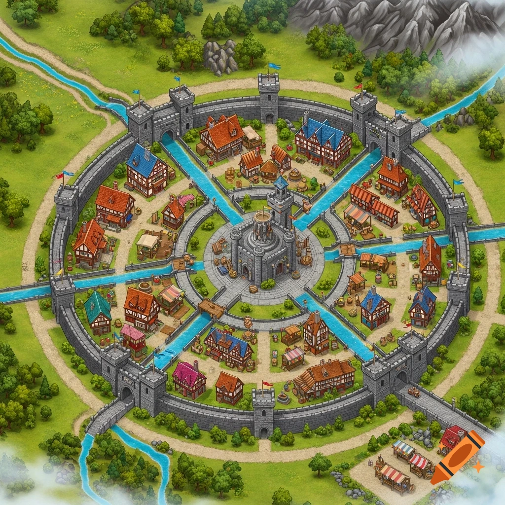 Detailed bird's eye view of a circular medieval town with a central ...