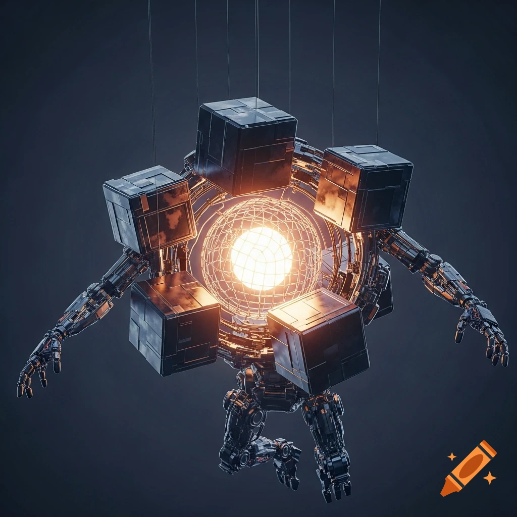 3D render of a futuristic robot made of dark metallic cubes and ...