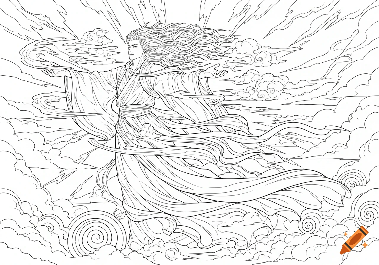 Line art drawing of a wind god with long flowing hair and robes ...