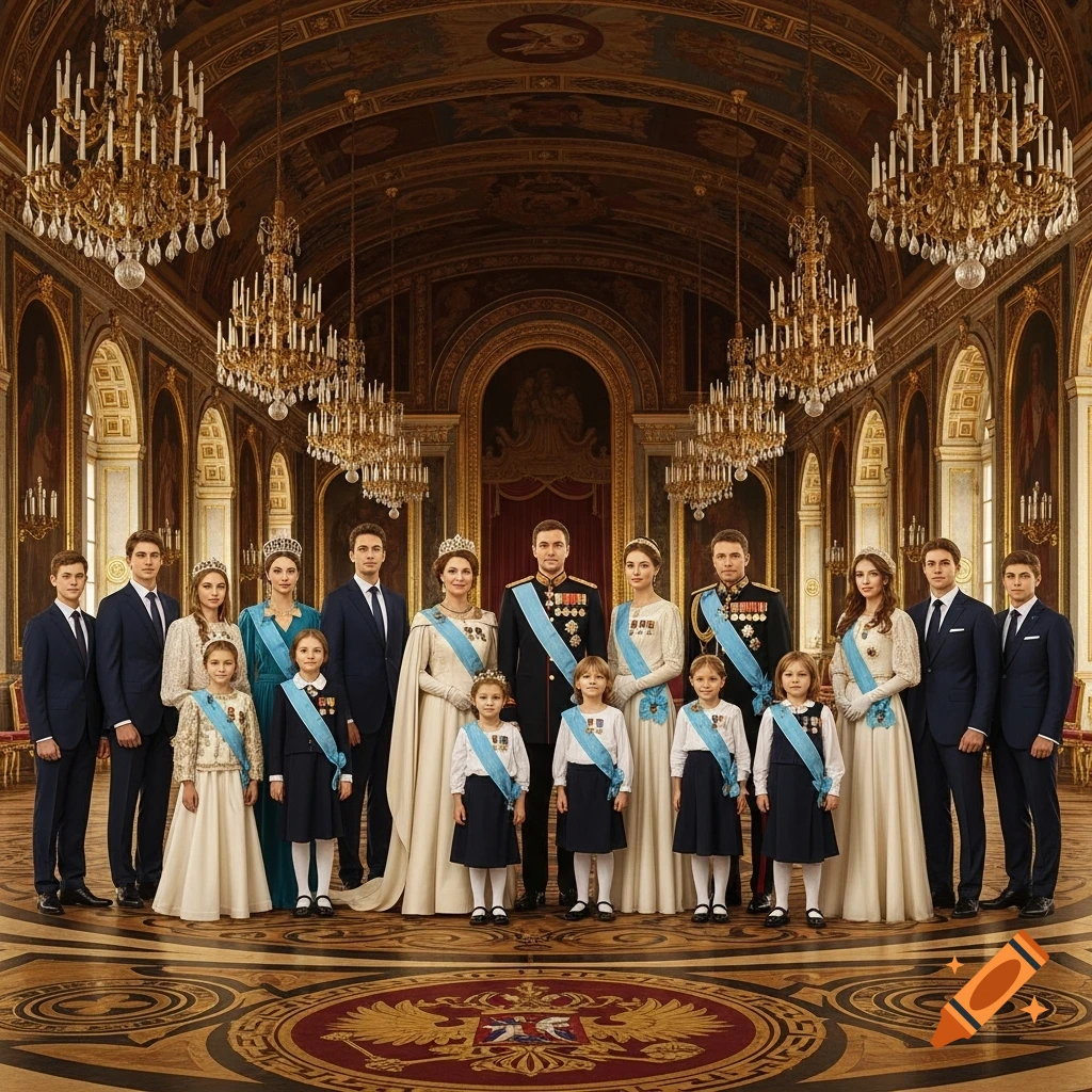 A large royal family poses for a formal portrait in a grand palace hall ...