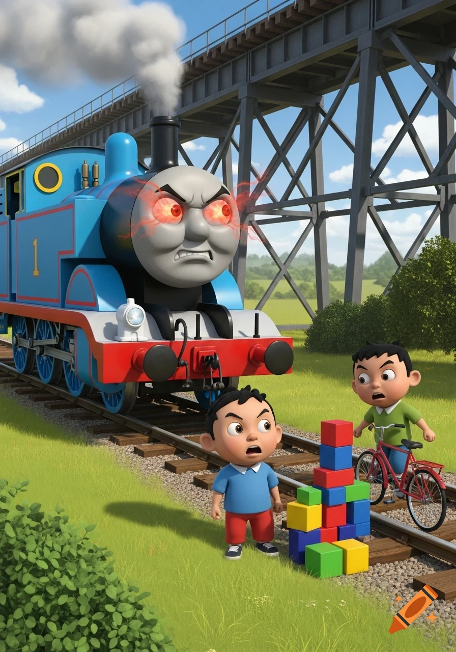 Angry Thomas the Tank Engine with glowing red eyes steams toward two ...