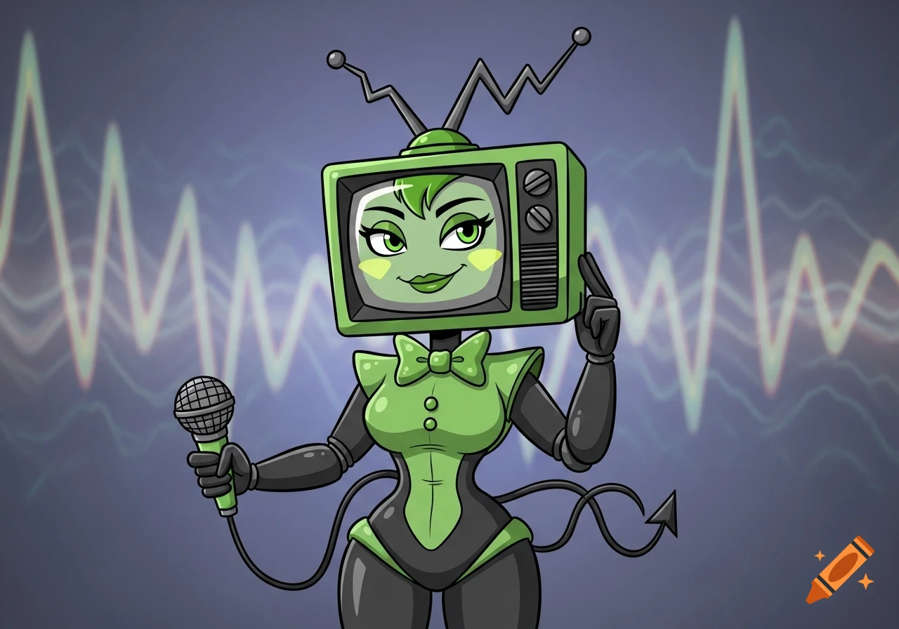 A green TV-headed character with a bow tie, dark gray limbs, and a tail ...