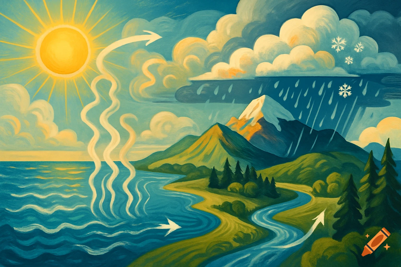 An illustration of the water cycle with the sun evaporating water from ...