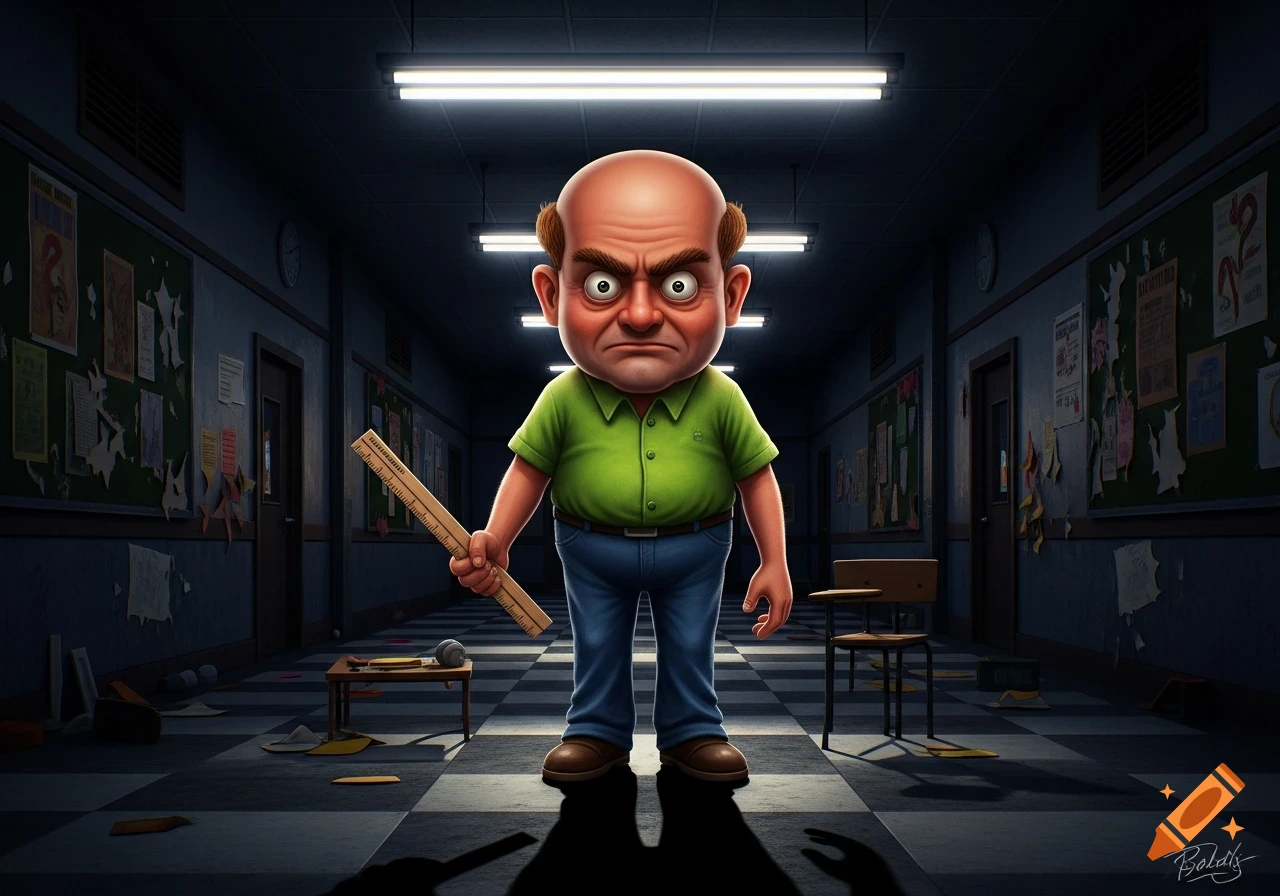 An angry, bald cartoon man with exaggerated features, dressed in a ...