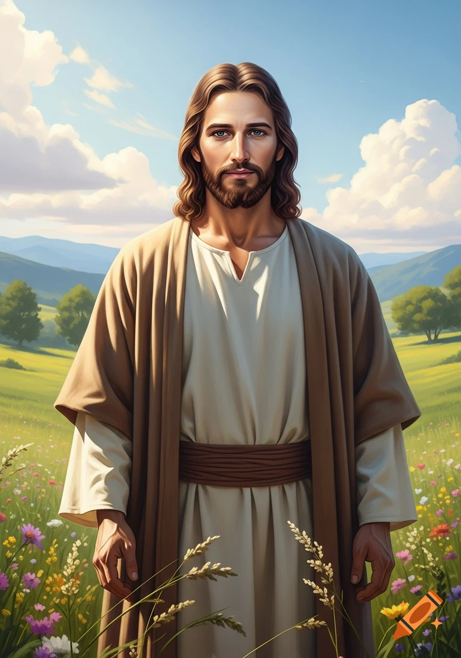 Jesus Christ with long brown hair and beard, wearing a white tunic and ...