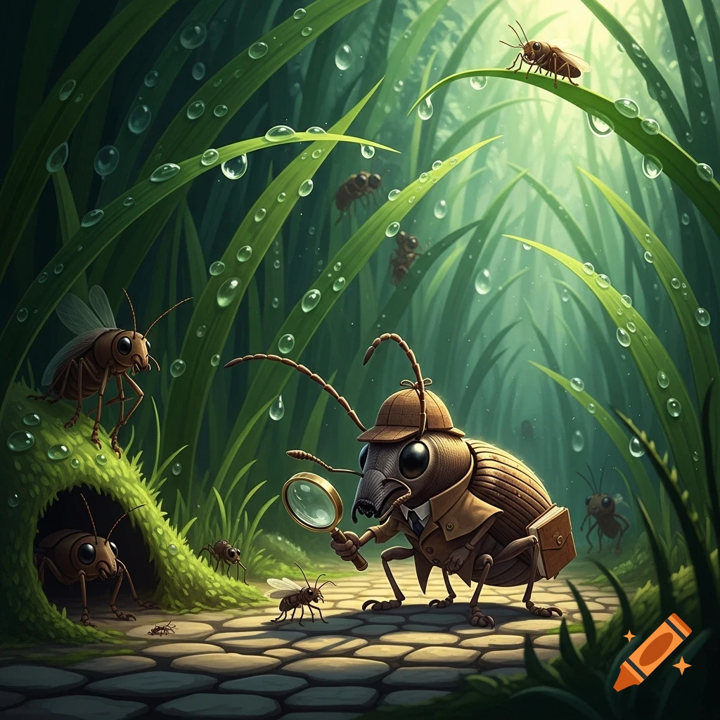 A cartoon weevil detective with a hat and magnifying glass investigates ...