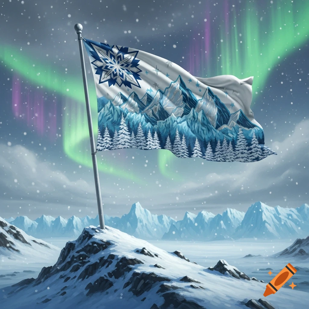 A flag featuring a snowflake, snowy mountains, and pine trees, set ...