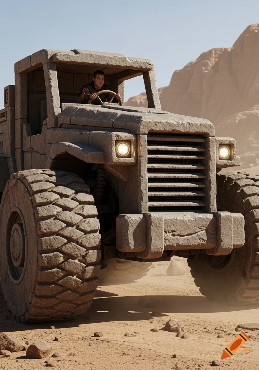 A person drives a massive, rugged stone truck through a rocky desert ...