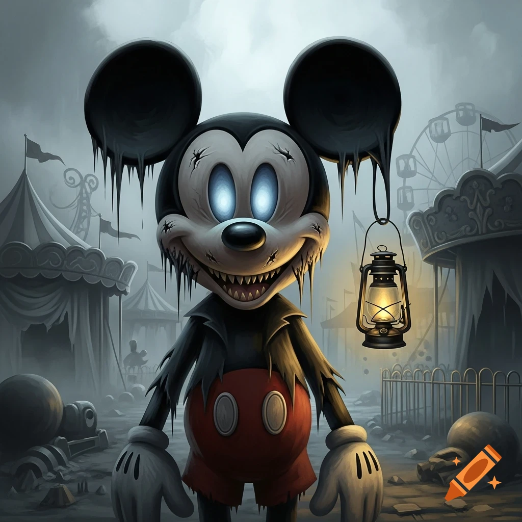 A sinister, tattered Mickey Mouse with glowing eyes and sharp teeth ...