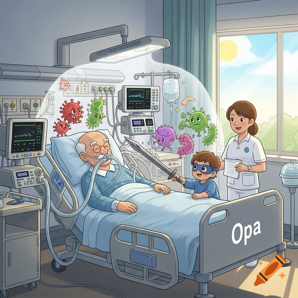 A cartoon illustration of a boy with a sword fighting cartoon viruses ...