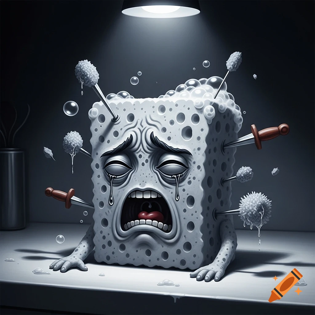 A stylized, crying anthropomorphic sponge, pierced by knives and ...