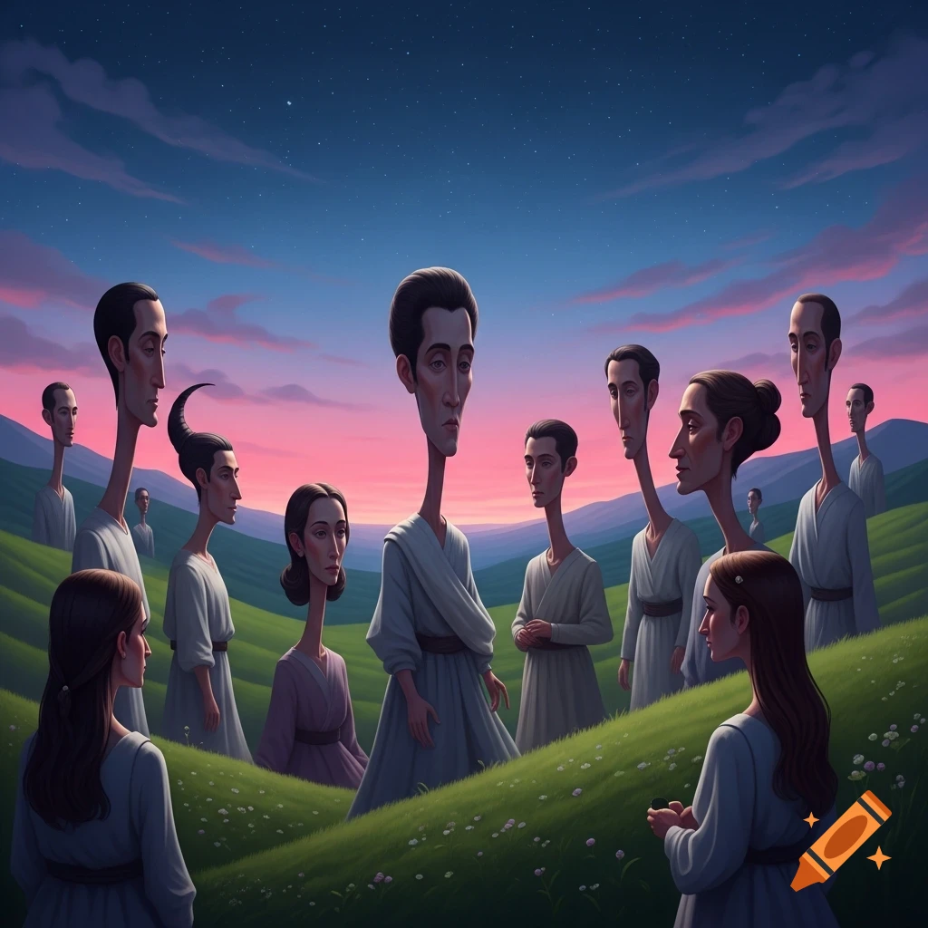 A group of stylized people with elongated faces stands in a grassy ...