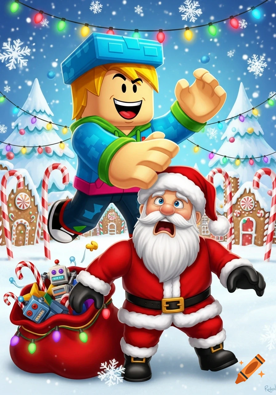 A cartoon Roblox character is about to hit a surprised Santa Claus in a ...