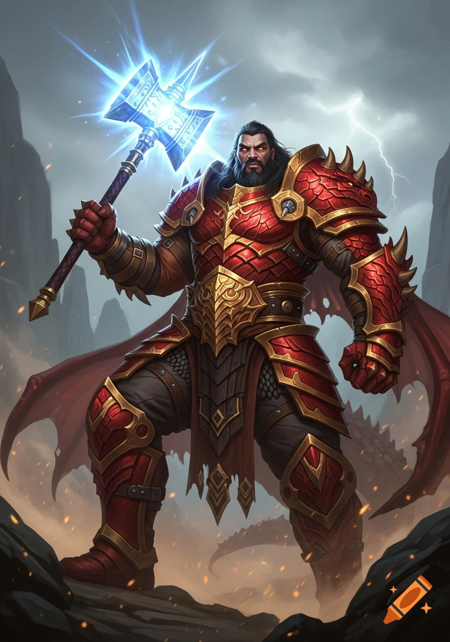 A heavily armored barbarian goliath with a dark beard stands on rocky ...