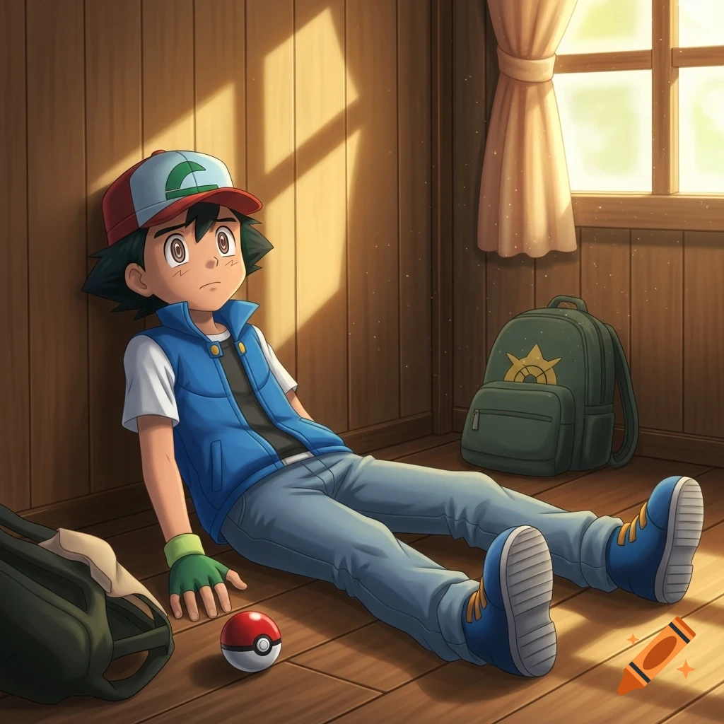 Ash Ketchum from Pokémon sits on a wooden floor with his back against a ...