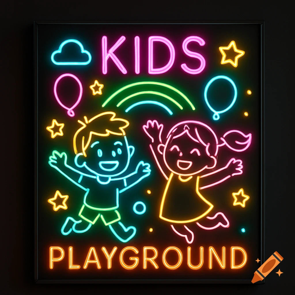Vibrant neon sign with 'KIDS' and 'PLAYGROUND' text, featuring two ...