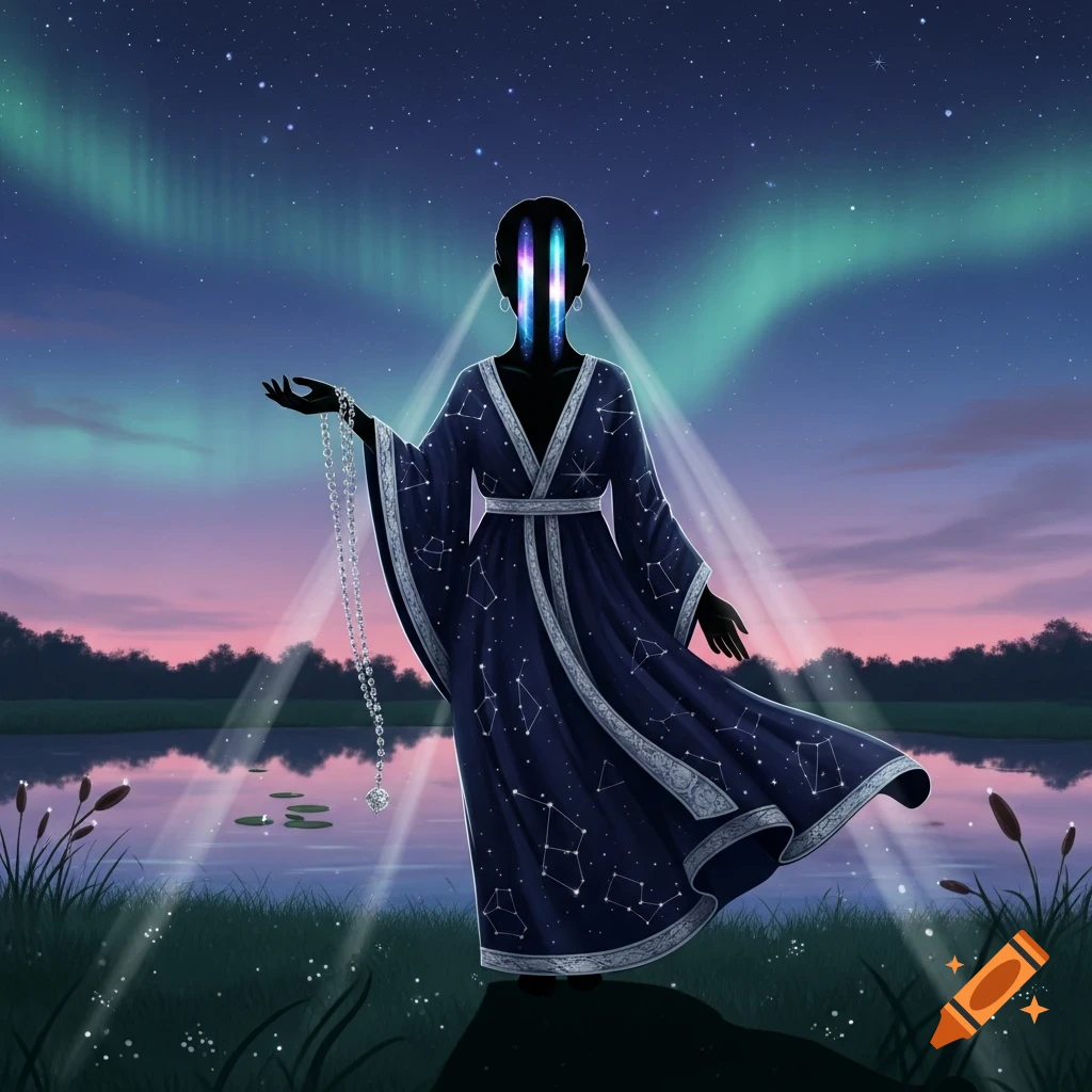 A stylized figure with vertical glowing eyes and a star-patterned robe stands by a lake under a ...