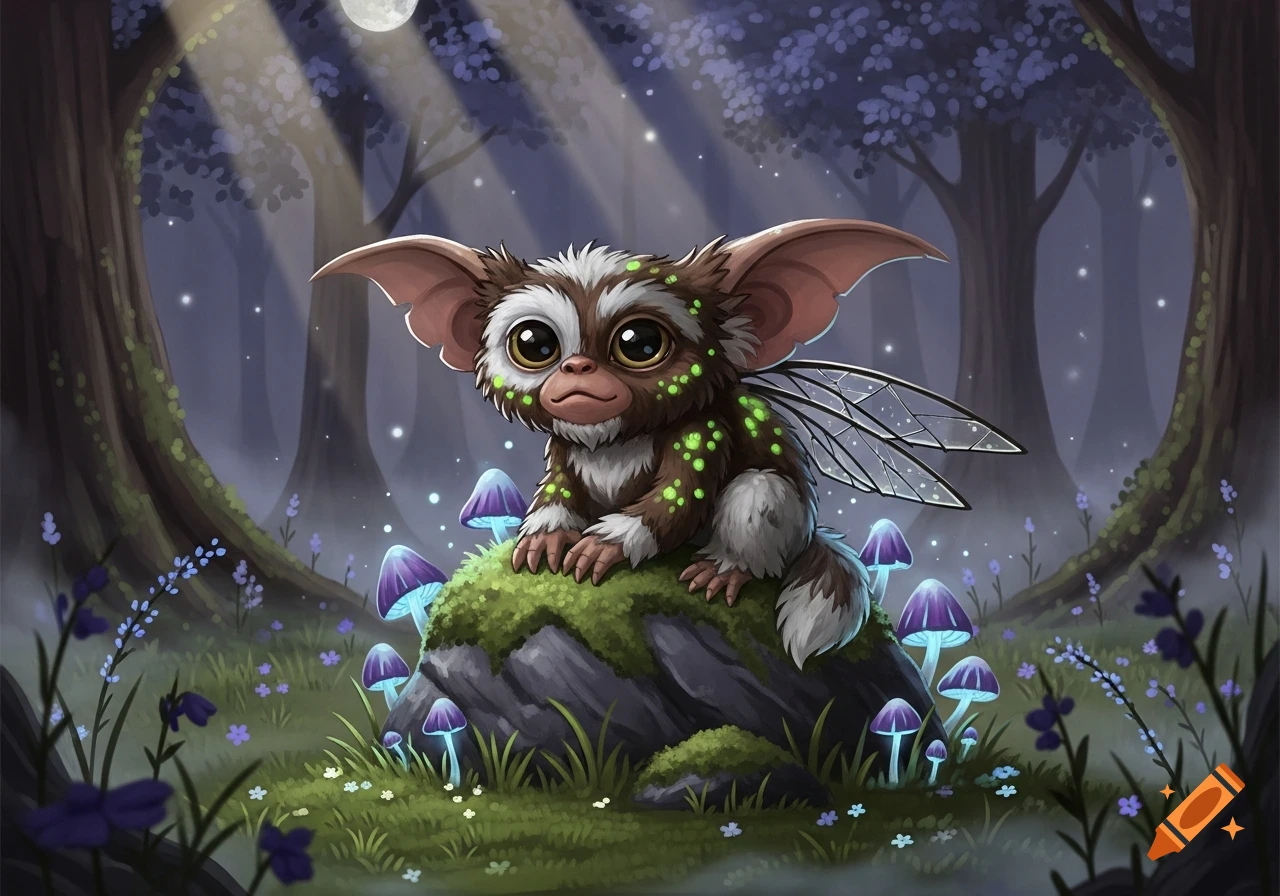 A whimsical, furry gremlin-like creature with large eyes and fairy ...