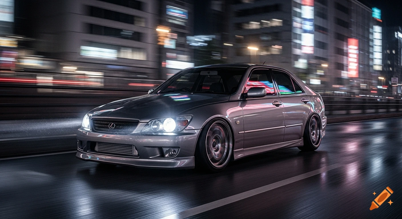 A silver tuned Lexus IS200 sports car drives on a wet city street at ...